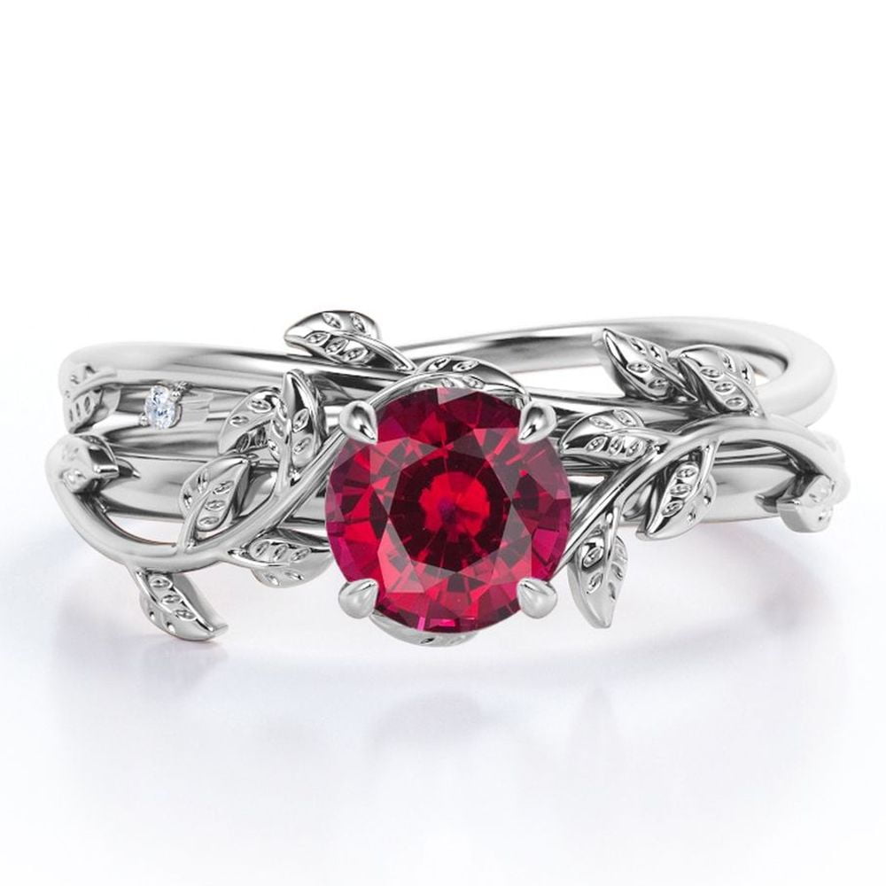 JeenMata Leaf and Vine - 0.5 TCW Round Cut Lab Created Ruby - Solitaire ...