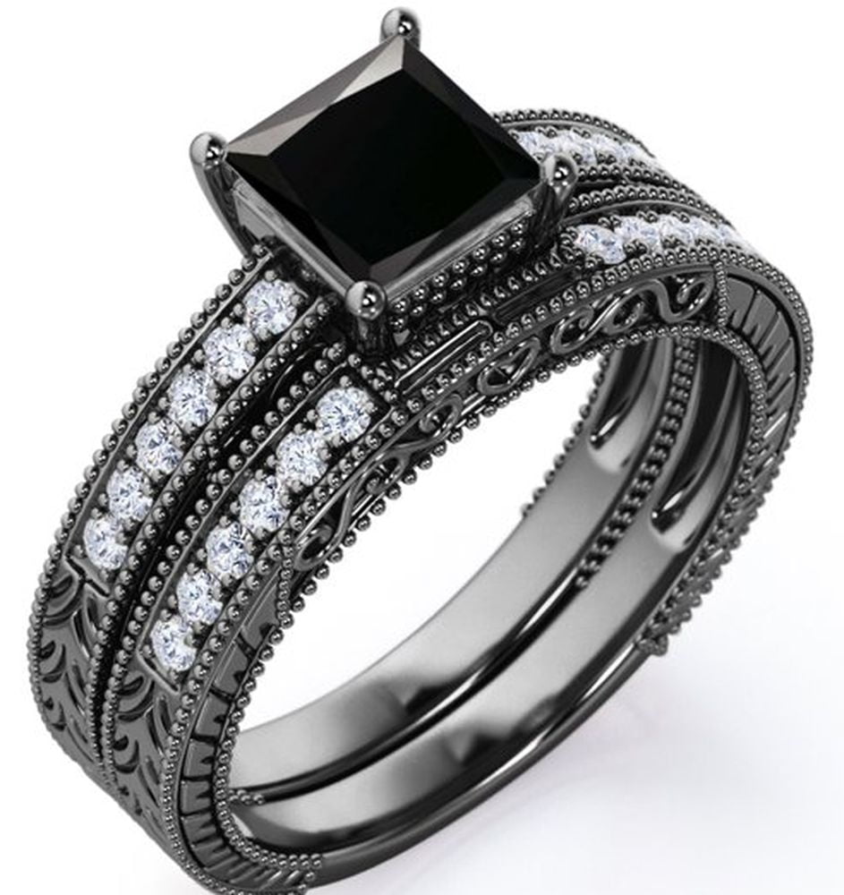JeenMata Milgrain Edge Design 1.5 Carat Princess Cut Lab Grown Black ...