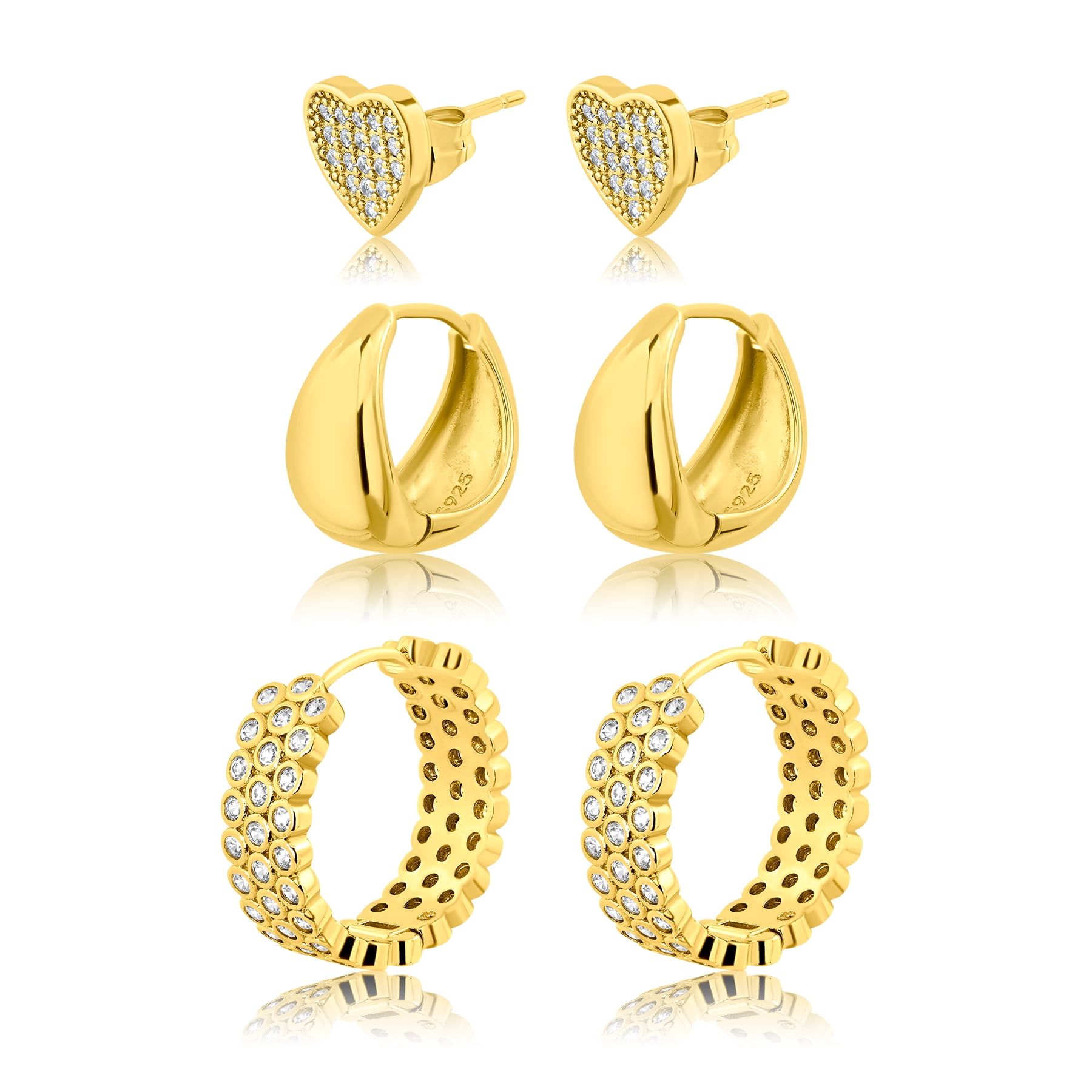 JeenMata Multiple 3 pcs Pave Heart and Perforated Hoop Earrings Set in ...