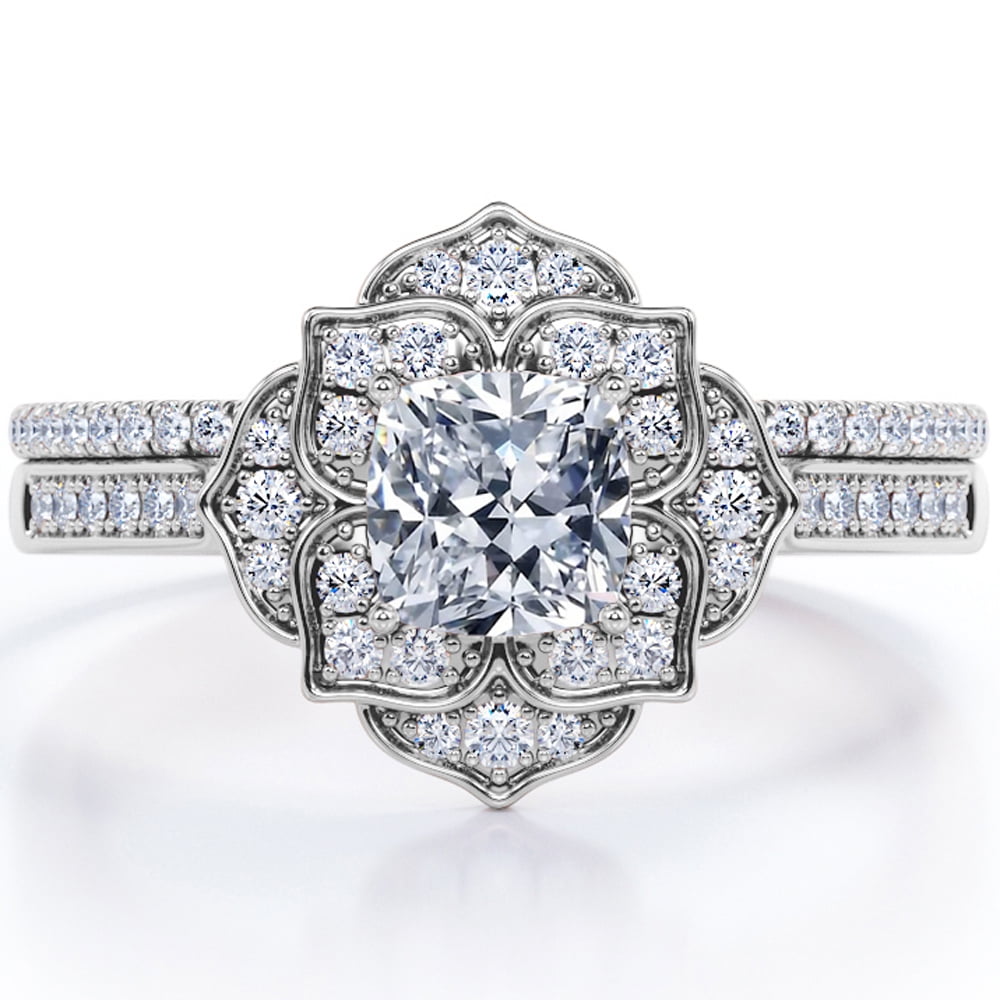 JeenMata Pave-Channel Double Floral Cluster 1.75 Carat Cushion Cut ...