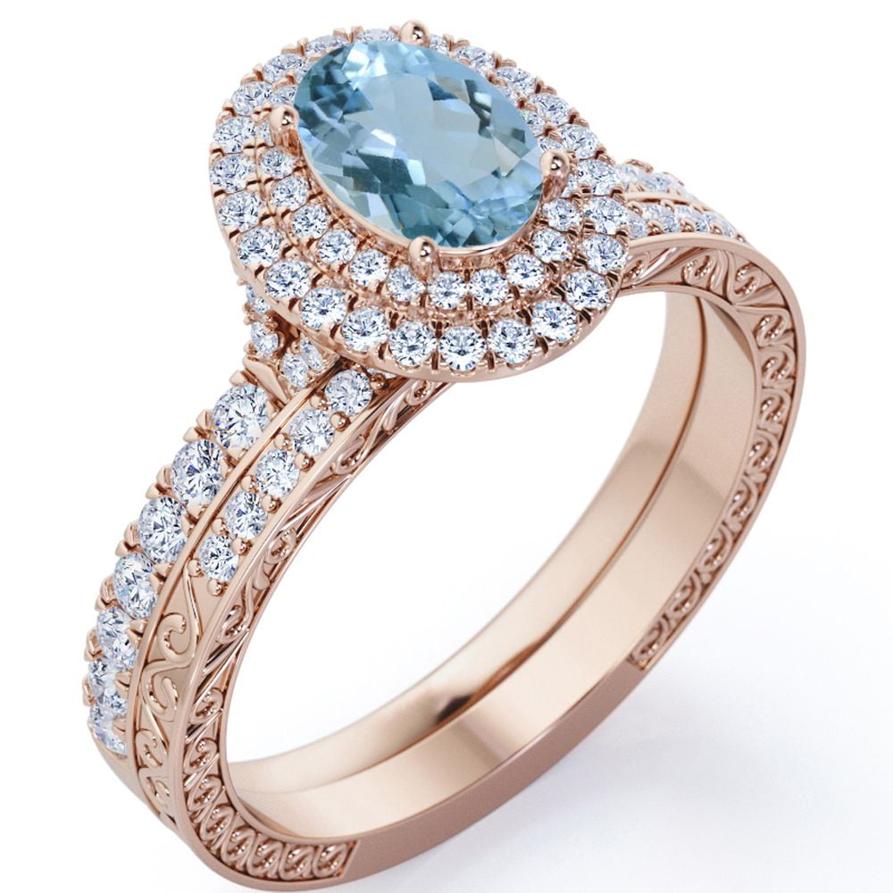 JeenMata Pave Double Cluster 1.5 Carat Egg Shaped Ocean Blue Created ...