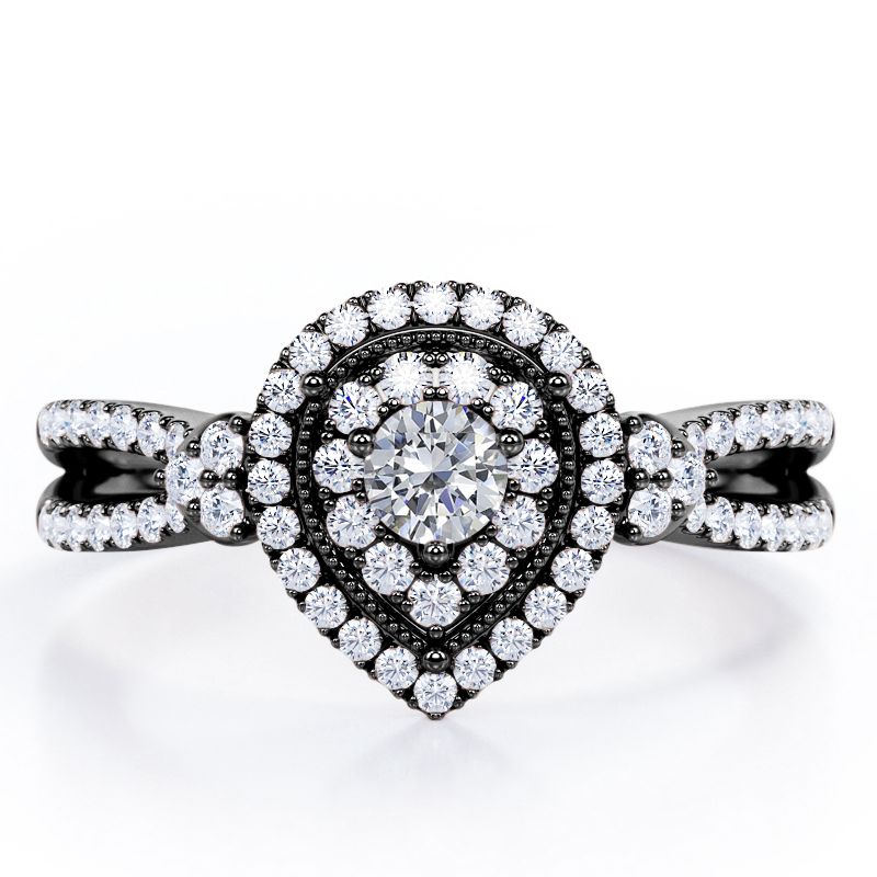 JeenMata Pear-Shaped Double Halo - 0.5 TCW Round Cut Diamond - Pave ...