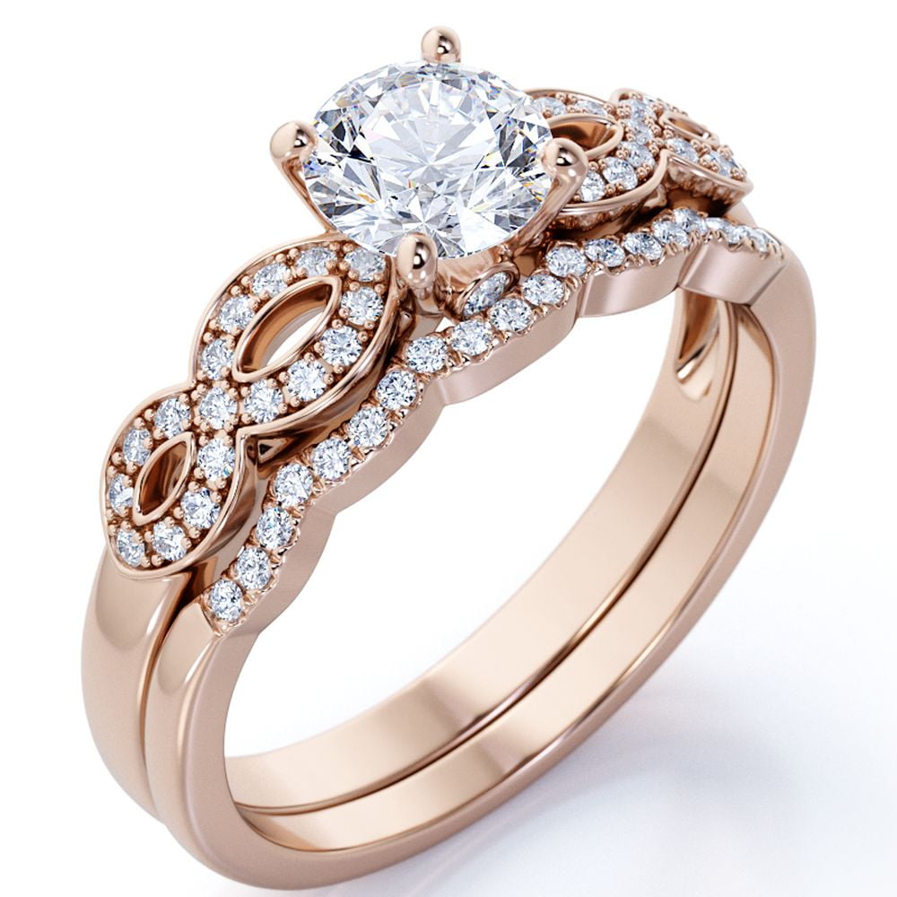 JeenMata Prong .95 Carat Round Cut Real Diamond Wedding Ring Set with ...