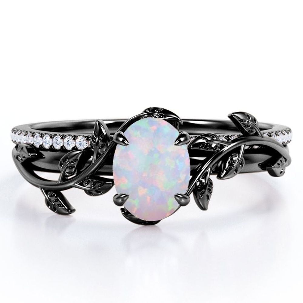 JeenMata Prong Setting 1.5 Carat Ovate Rainbow Opal and Moissanite Leaf ...