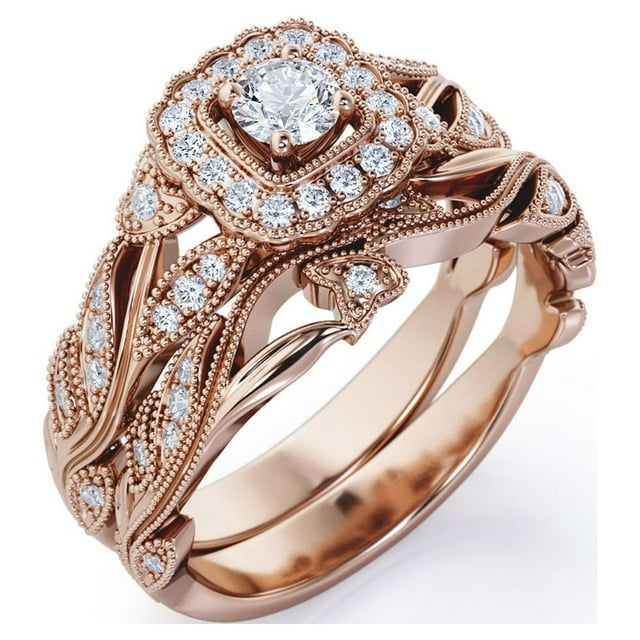 JeenMata 10K Rose Gold Wedding Ring Set - Edwardian Round Diamond ...
