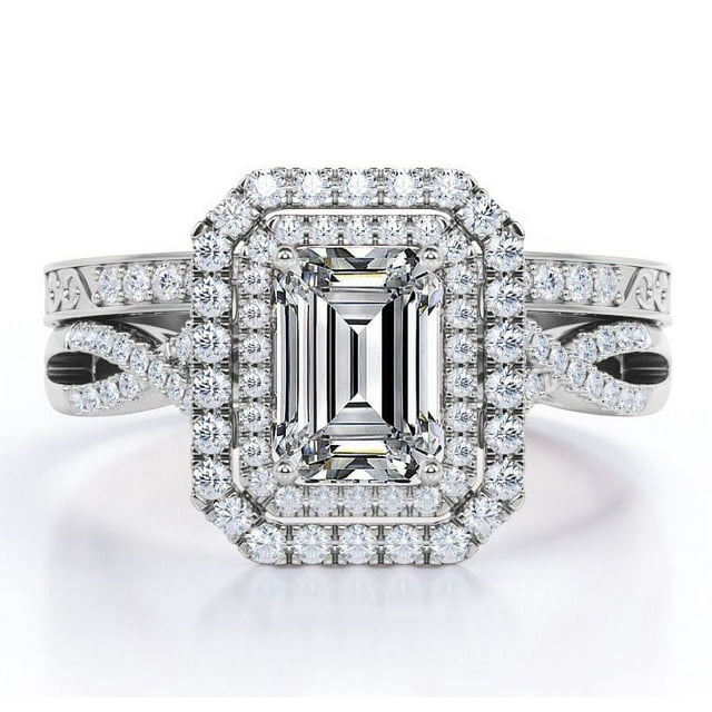 JeenMata Twisted - 2 Carat Emerald Cut - Filigree Band - Double Halo ...