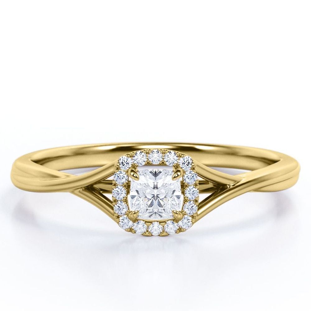 JeenMata Twisted Split Shank - 0.35 TCW Princess Cut Diamond - 4 Prong Halo Engagement Ring ...