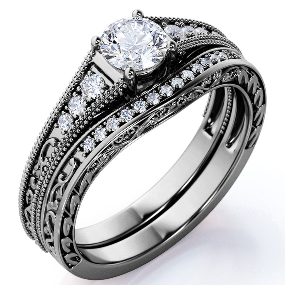 JeenMata .75 Carat Round Cut Diamond Engagement Ring Set, Victorian ...