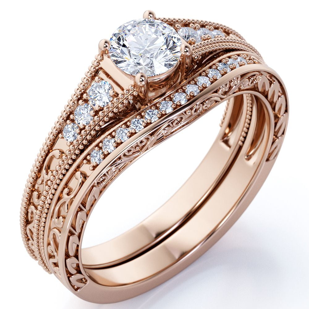 JeenMata Victorian .75 Carat Round Cut Real Diamond Filigree Wedding ...