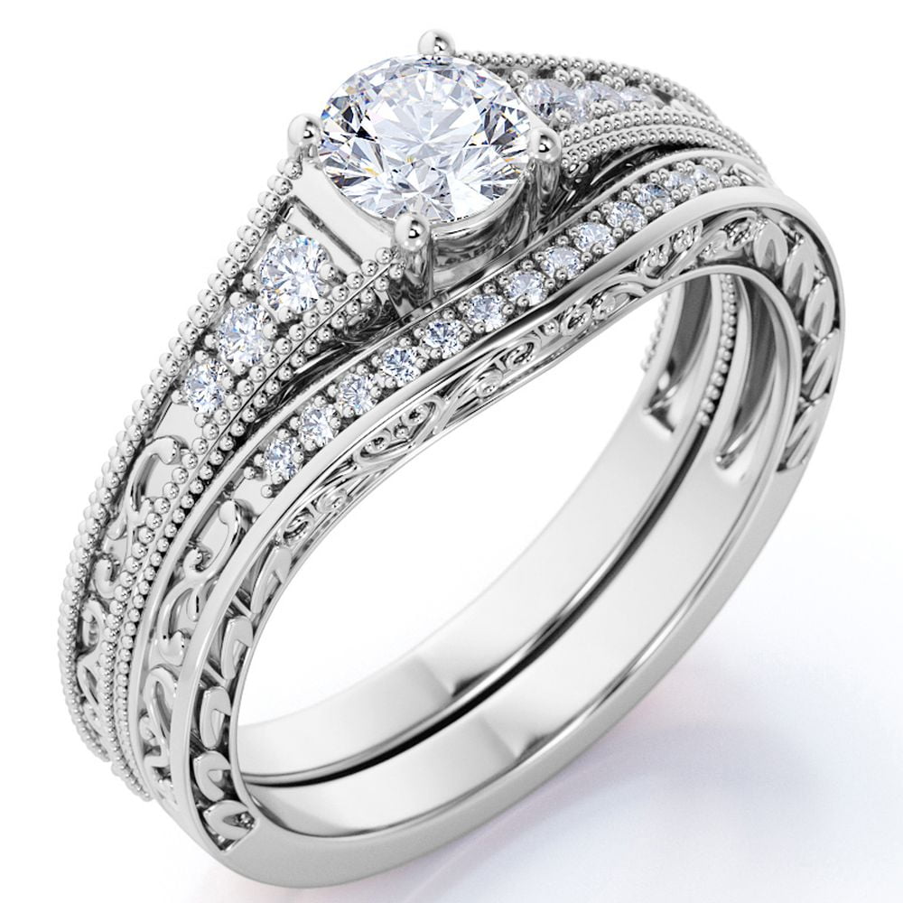 JeenMata Victorian .75 Carat Round Cut Real Diamond Filigree Wedding ...