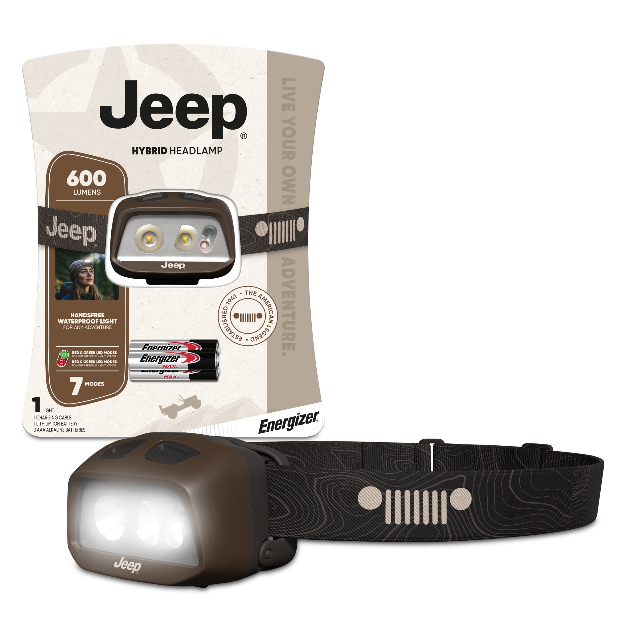 Jeep Rechargeable LED Headlamp, 600 Lumens, Hybrid Design, Lightweight ...