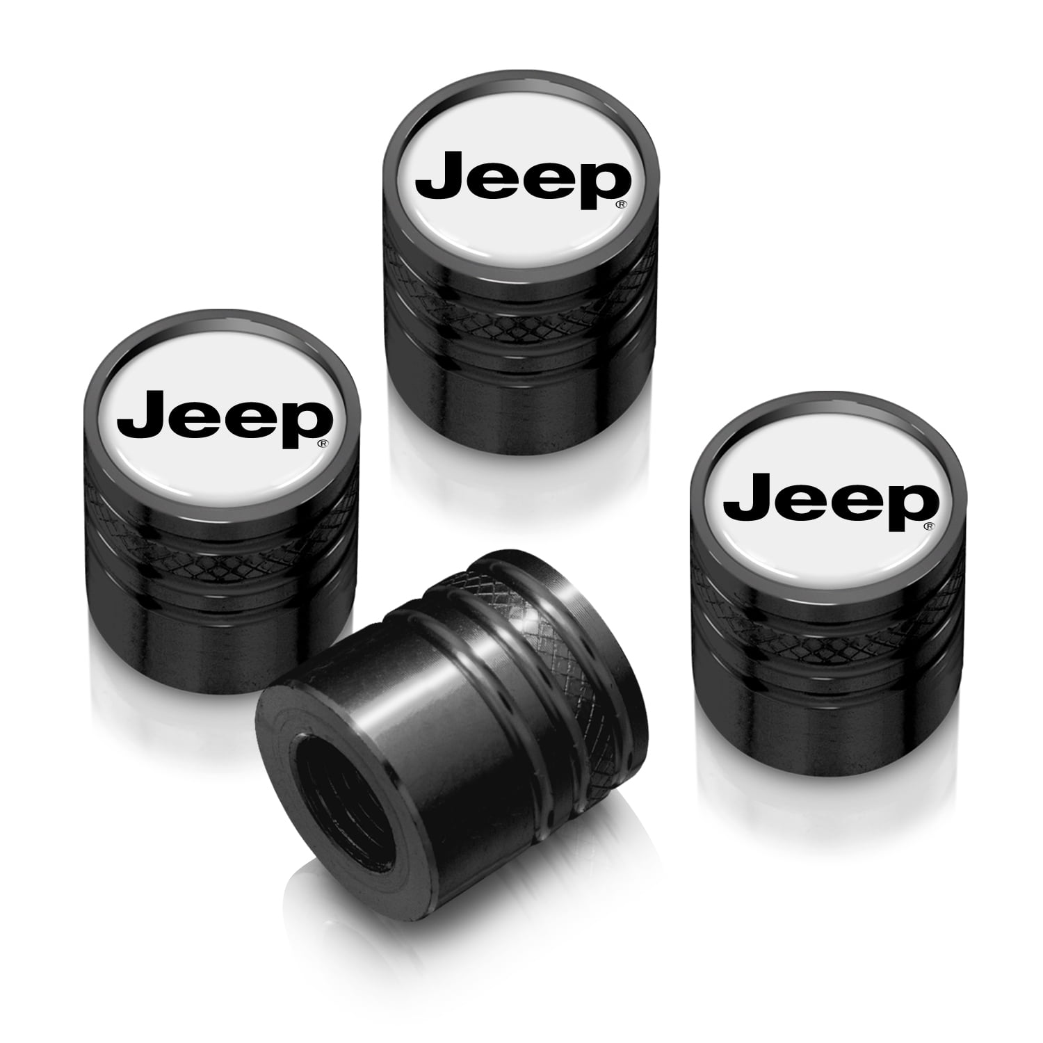 Jeep in White on Black Cylinder-Style Premium Anodized Aluminum Tire ...