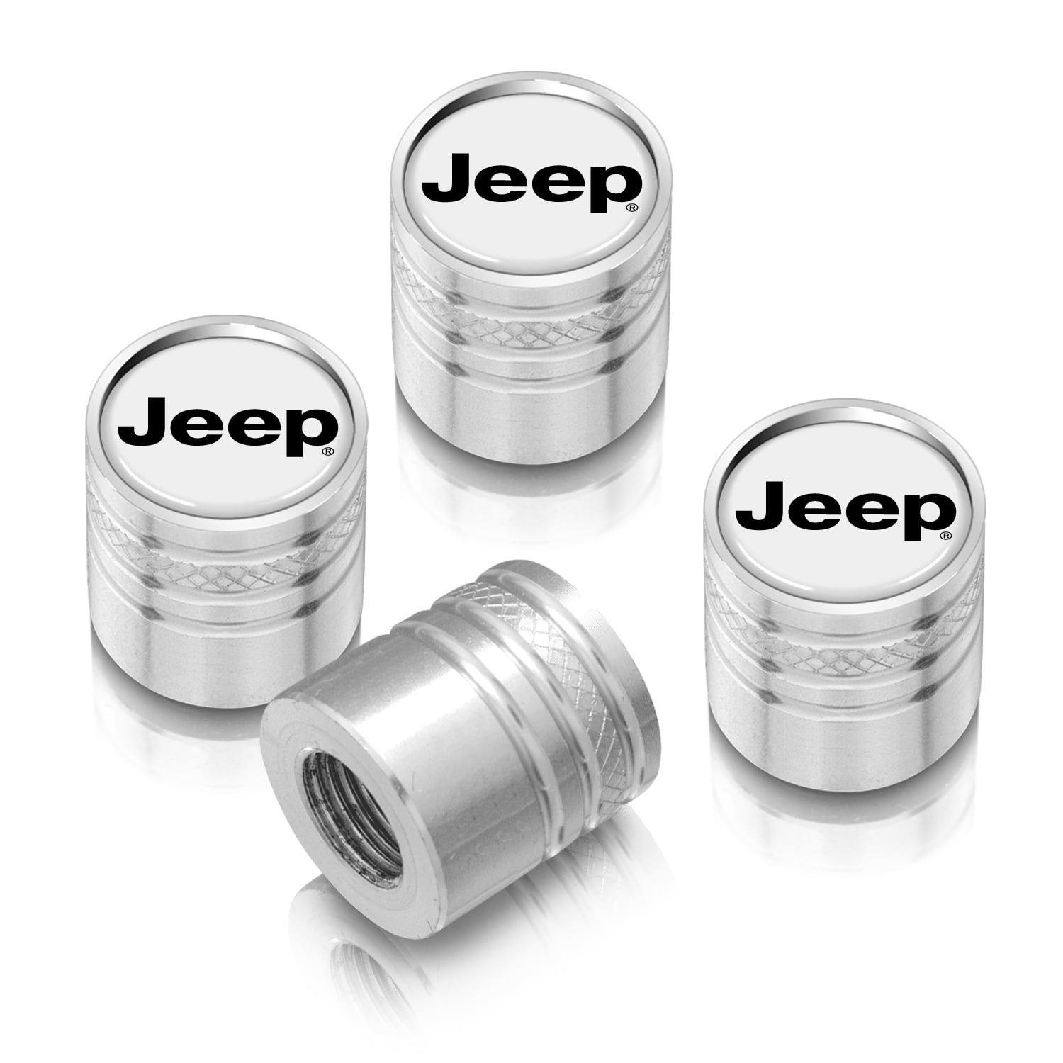 Jeep in White on Shining Silver Aluminum Cylinder-Style Tire Valve Stem ...