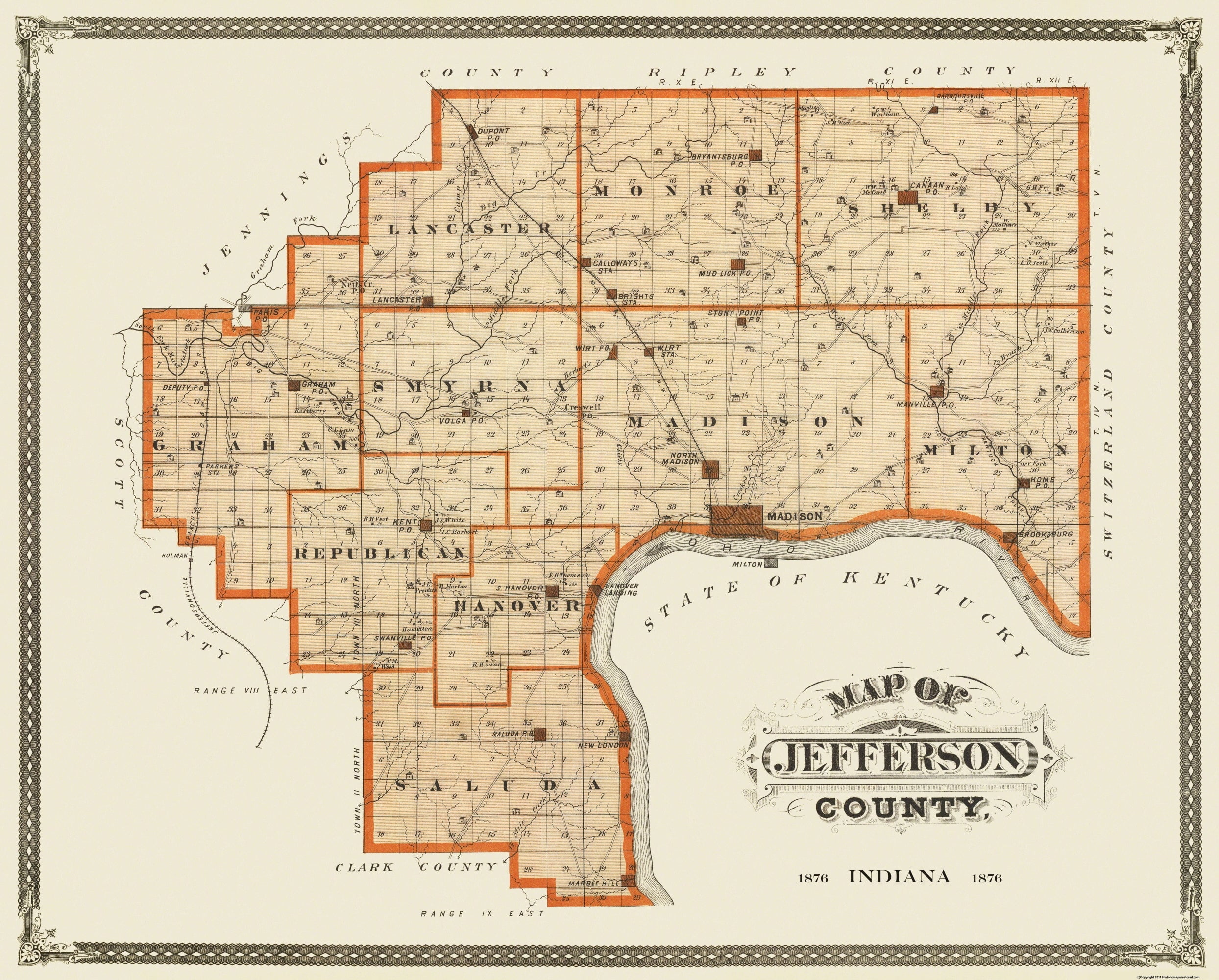Historic County Map - Jefferson County Indiana - Andreas 1876 - 28.63 x ...
