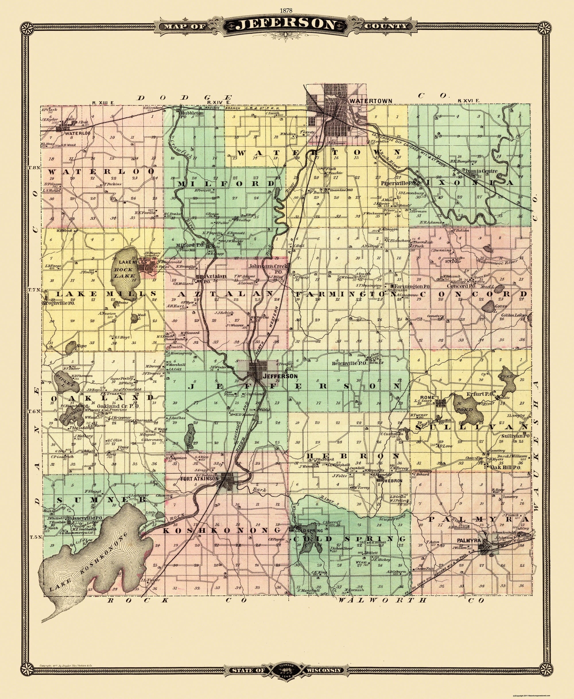 Historic County Map - Jefferson County Wisconsin - Snyder 1878 - 23 x ...