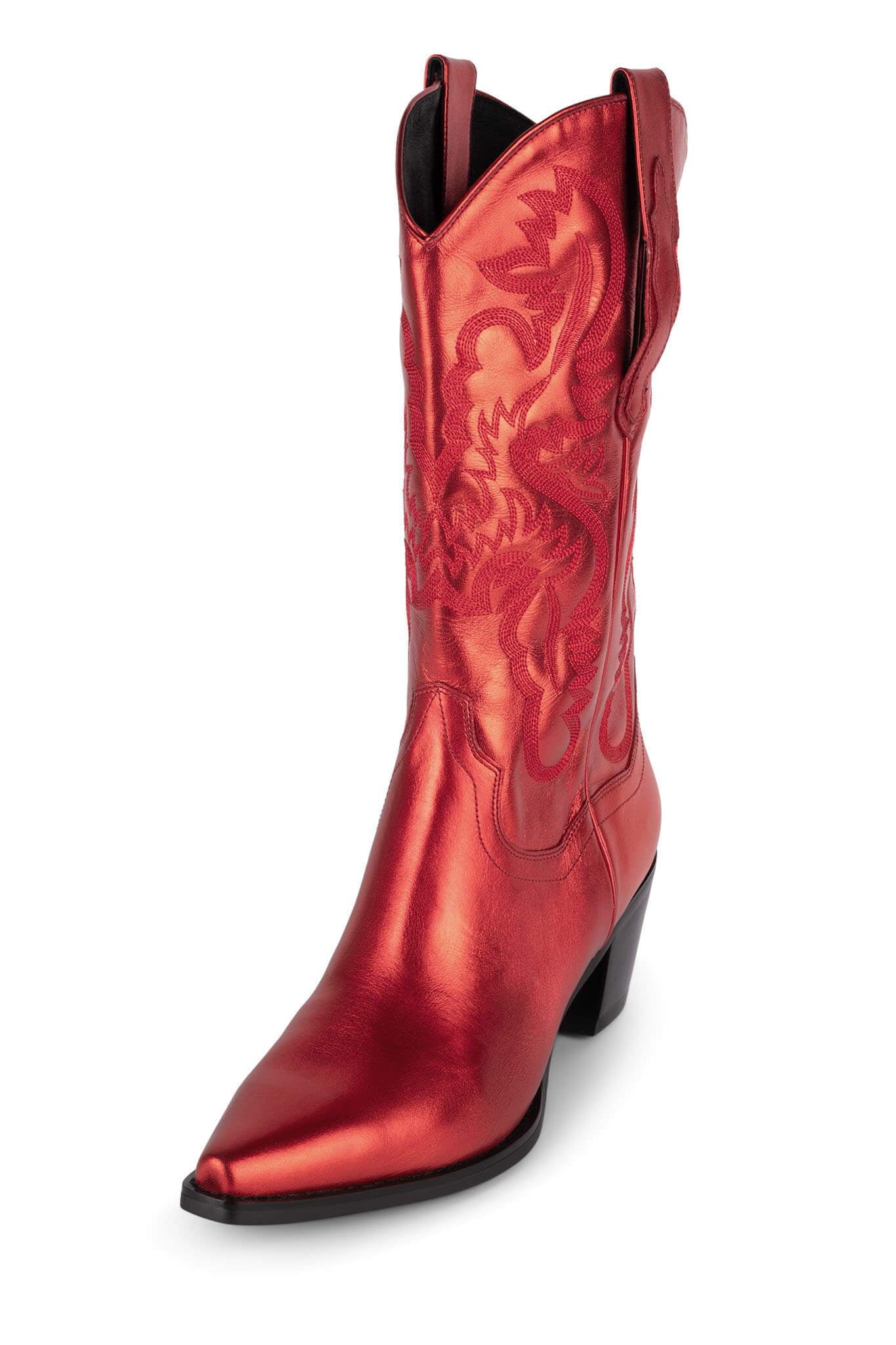 Jeffrey Campbell Dagget Red Metallic Pull On Block Heel Pointy Toe ...