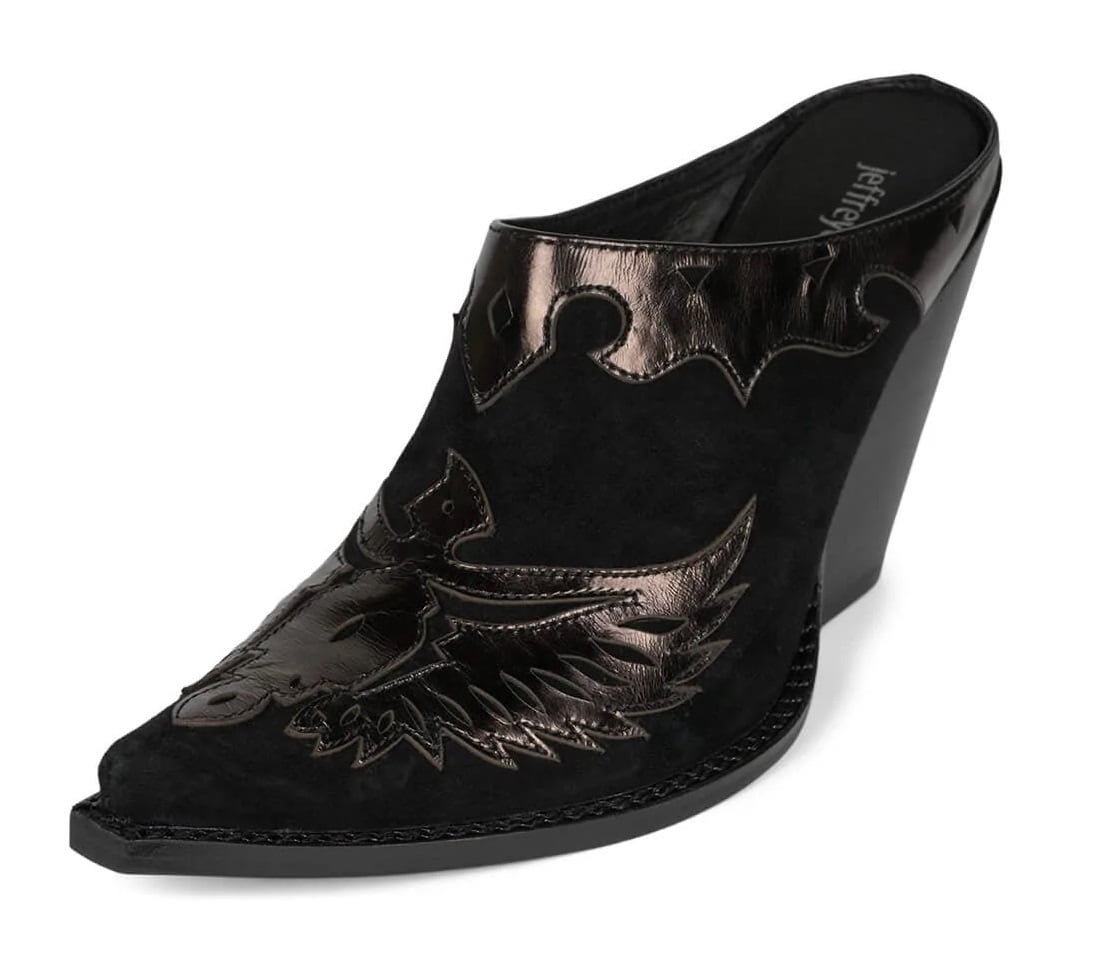 Jeffrey Campbell Eagleton Black Patent Pointed Toe Slip On Stacked Heels Mules (Black Patent, 7. ...