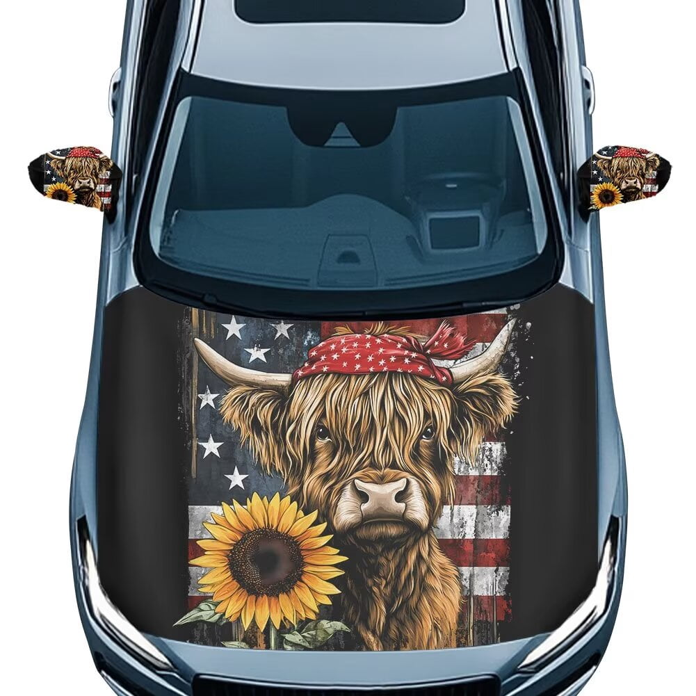 Jeiento American Flag Cow Car Hood Cover Pack with Mirror Covers ...