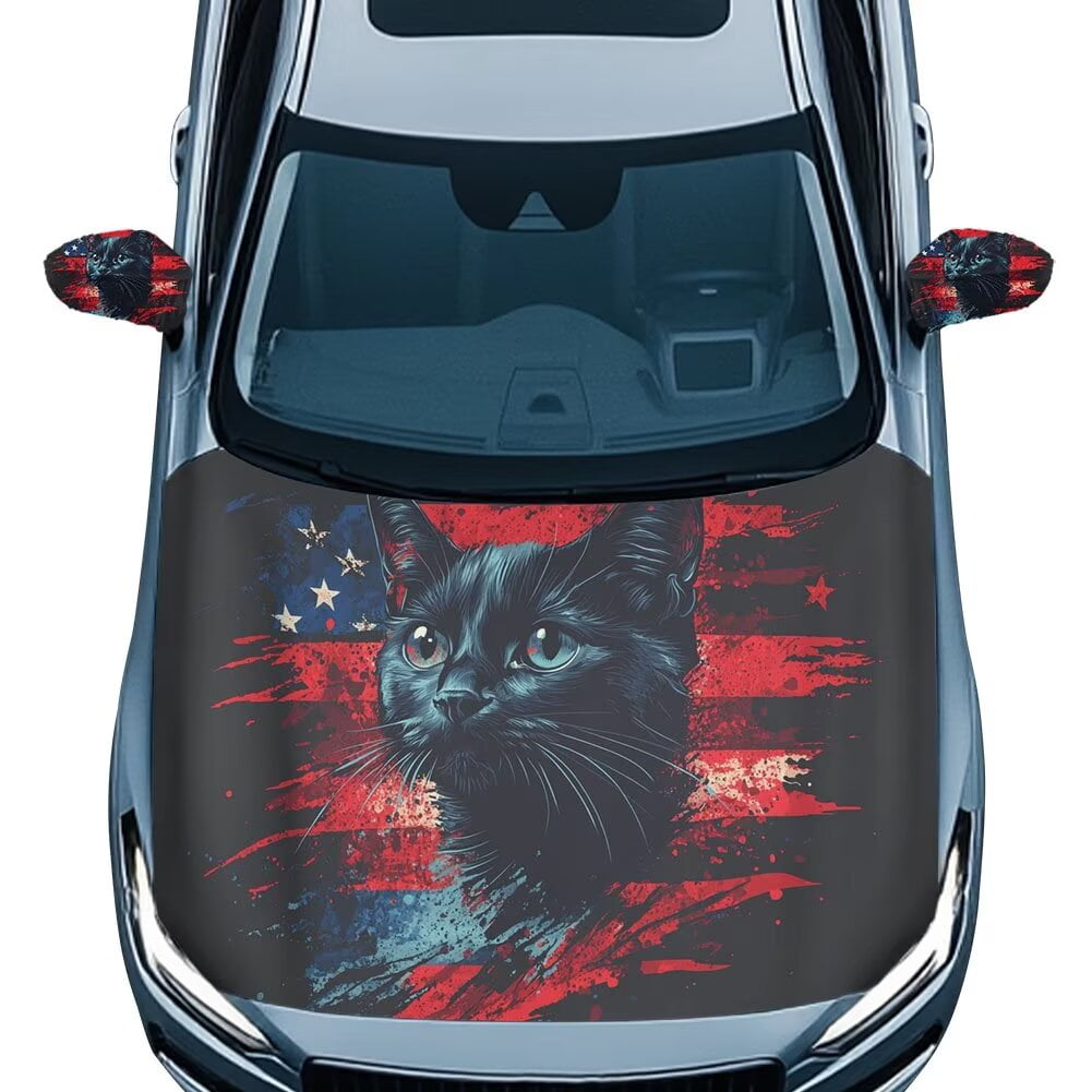 Jeiento Black Cats American Flag Car Hood Cover Pack with Mirror Covers ...
