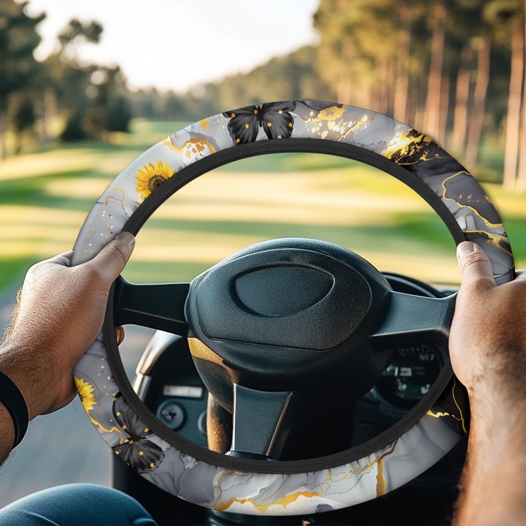 Jeiento Black Marble Print Golf Cart Steering Wheel Cover Butterfly ...