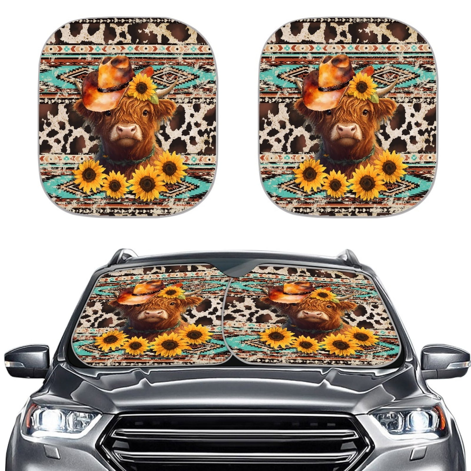 Jeiento Boho Highland Cow Sun Shade for Car Windshield 2-Piece Foldable ...