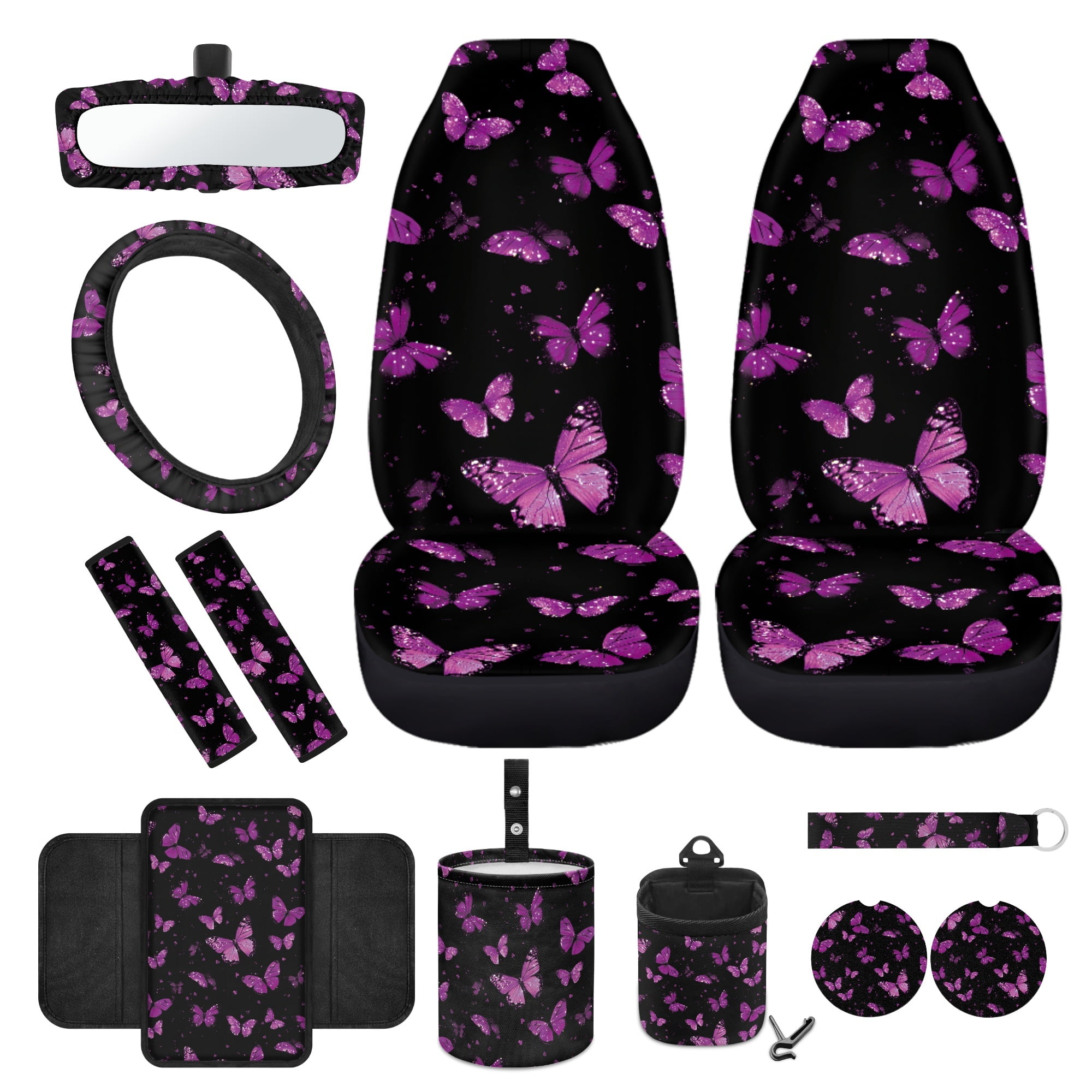 Jeiento Butterfly Car Front Seat Covers Set of 12 Steering Wheel Cover ...