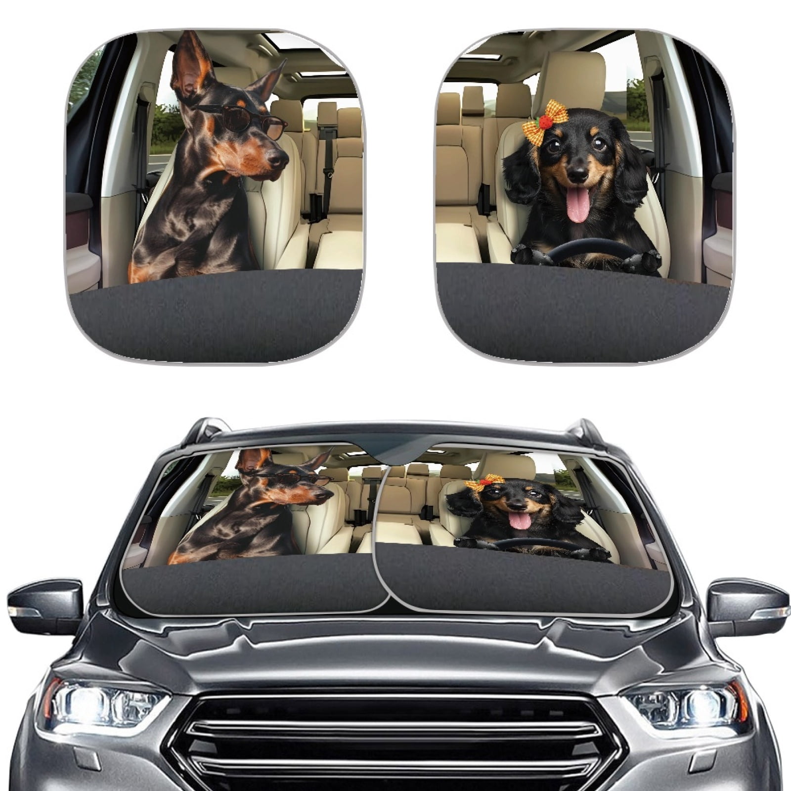 Jeiento Cute Dog Auto Windshield Sun Shade 2 Piece Foldable Car Front ...
