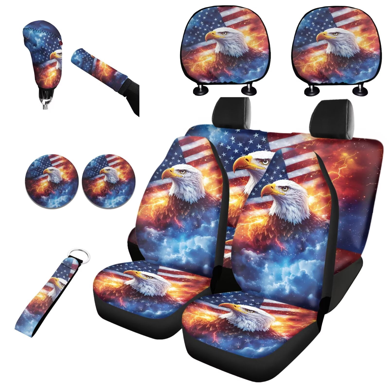 Jeiento Eagle Car Seat Covers Full Set with USA Flag Cup Coasters ...