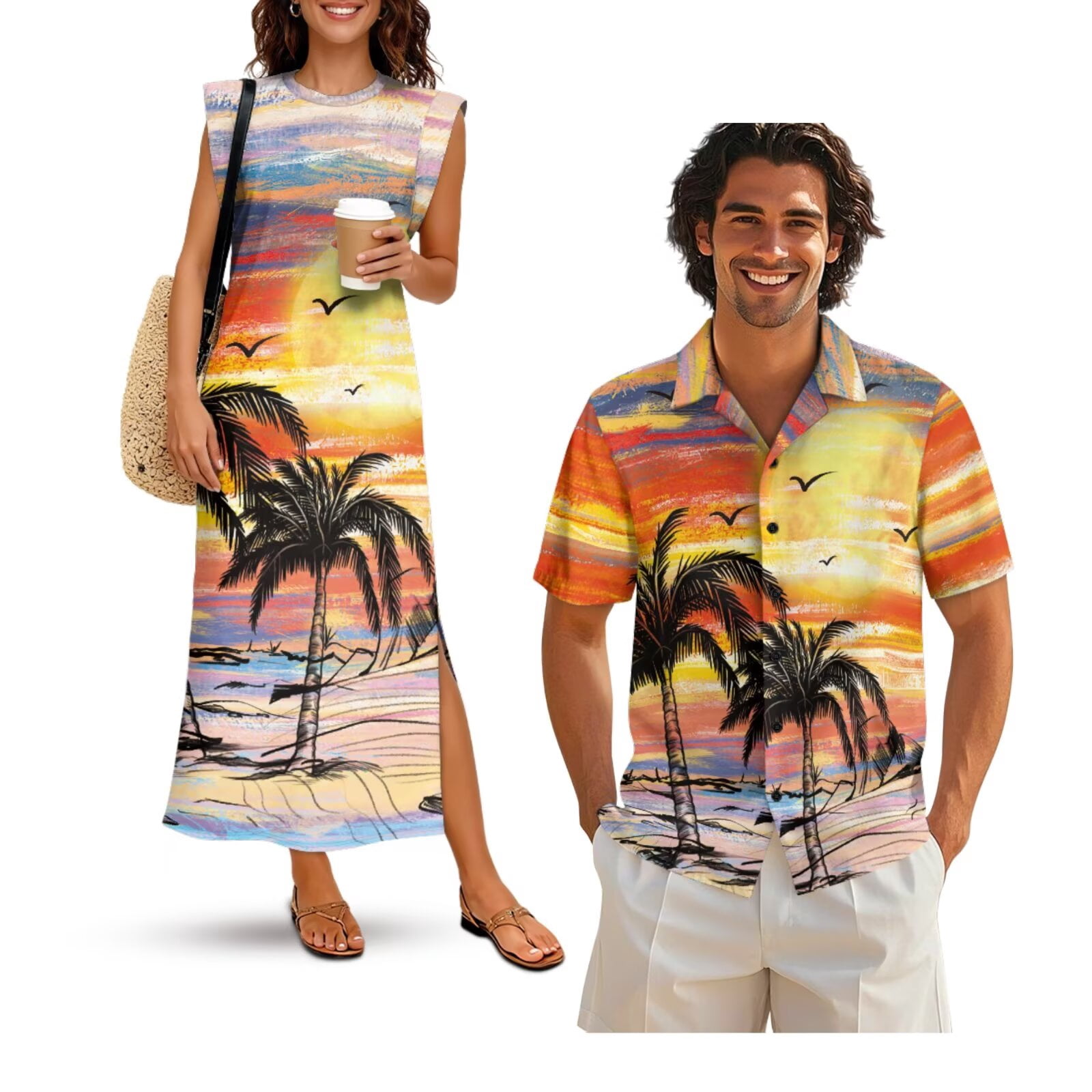 Jeiento Hawaiian Coconut Tree Husband and Wife Matching Outfits Womens ...