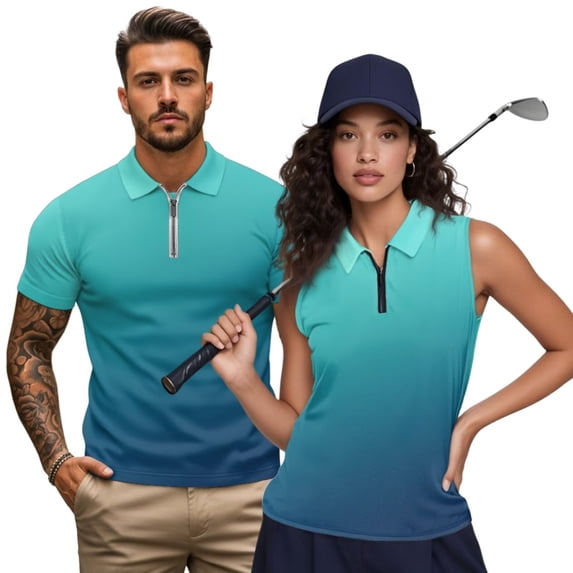 Jeiento Matching Golf Shirts for Couples Ombre Teal Blue Gradient Quick ...