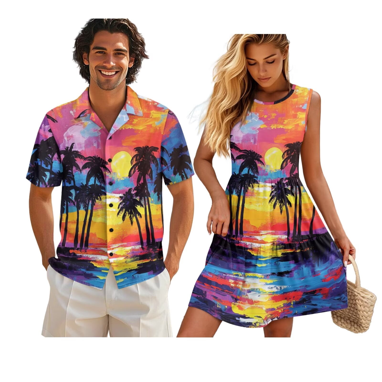 Jeiento Matching Hawaiian Outfits for Couples Coconut Tree Dress for ...