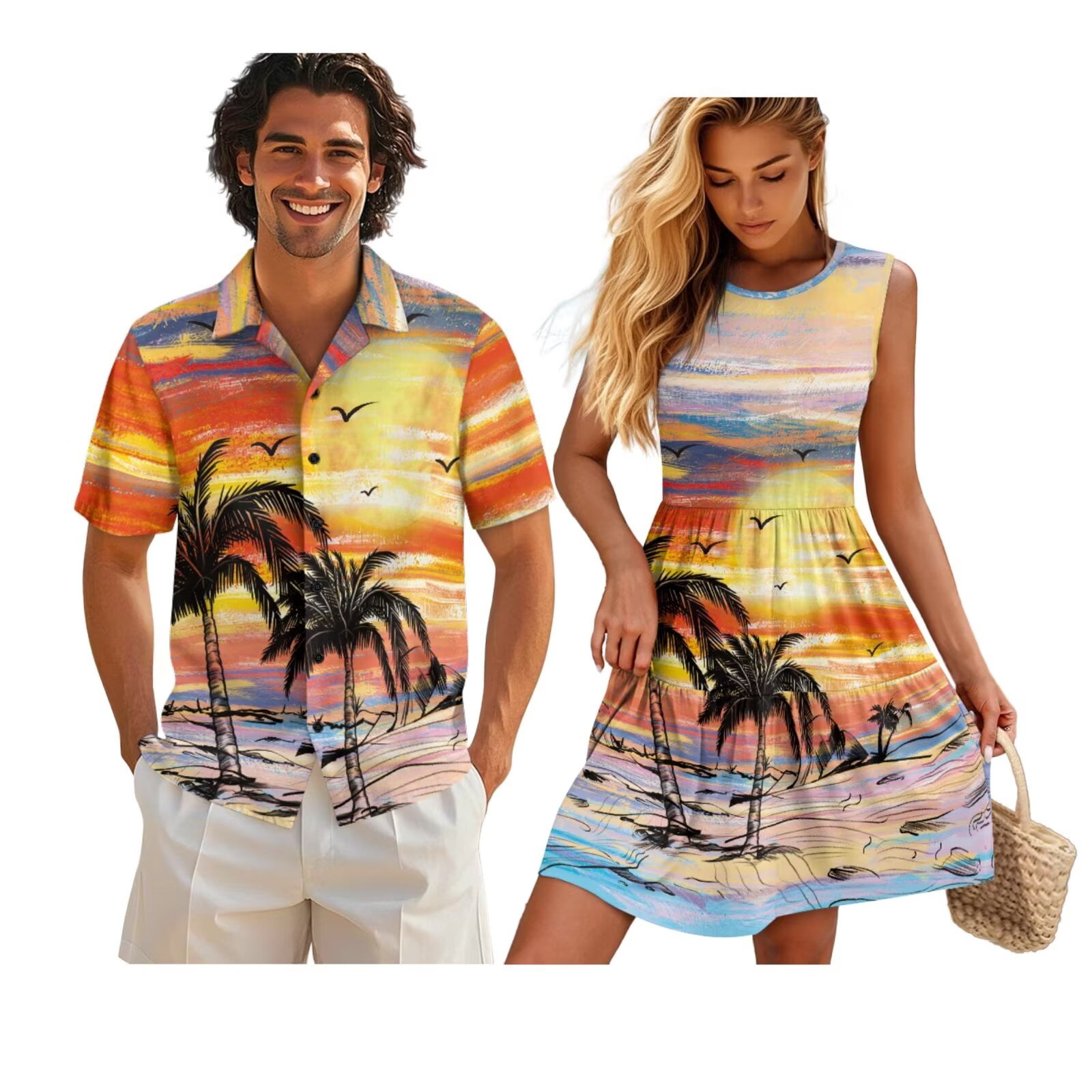 Jeiento Matching Hawaiian Outfits for Couples Mens Button Down Shirt ...