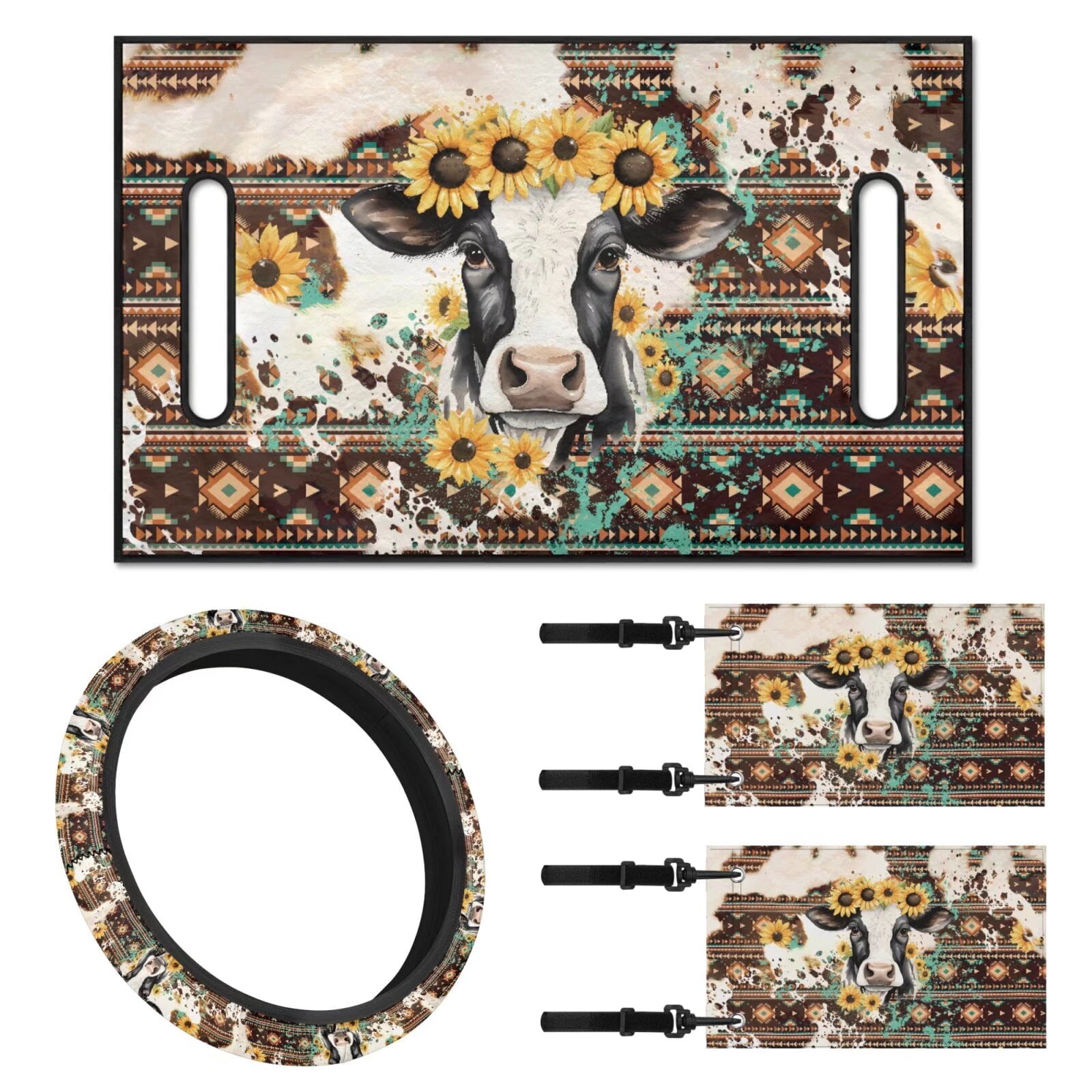 Jeiento Navajo Cow 4 PCS Golf Cart Accessories Set Golf Cart Seat Cover ...