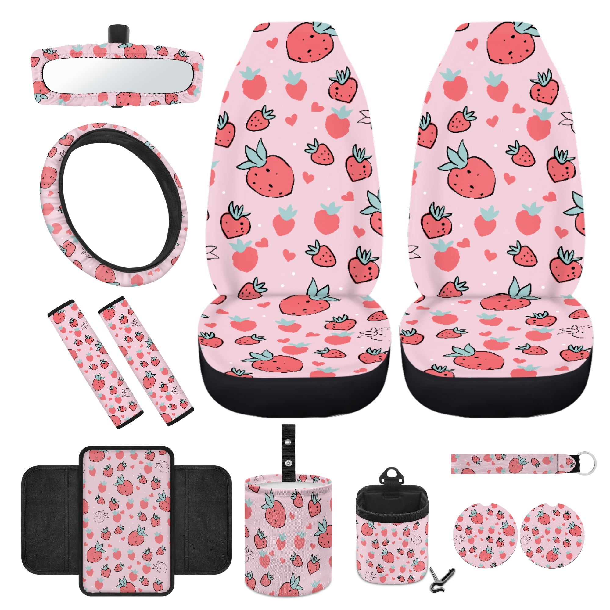 Jeiento Pink Strawberry Front Car Seat Cover Full Set 12 PCS, with ...