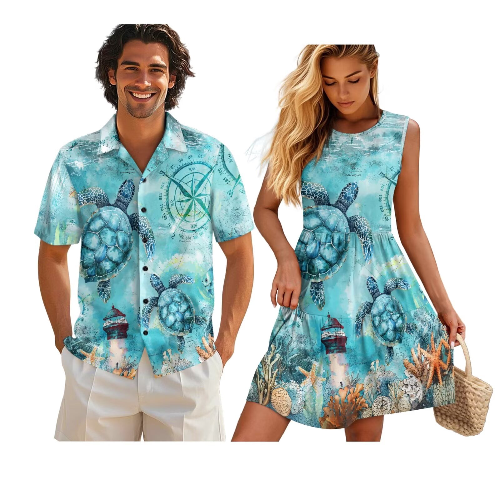 Jeiento Sea Turtle Matching Beach Outfits for Couples Mens Beach Shirts ...
