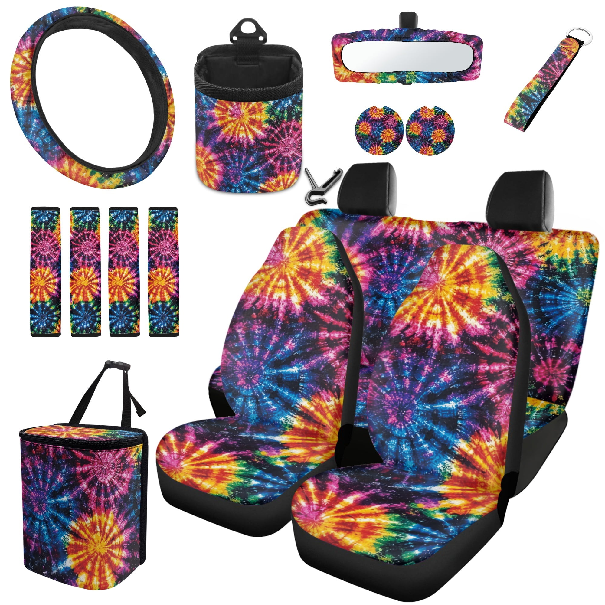 Jeiento Tie Dye Car Seat Covers Set of 15 Rainbow Spiral Auto Seat ...