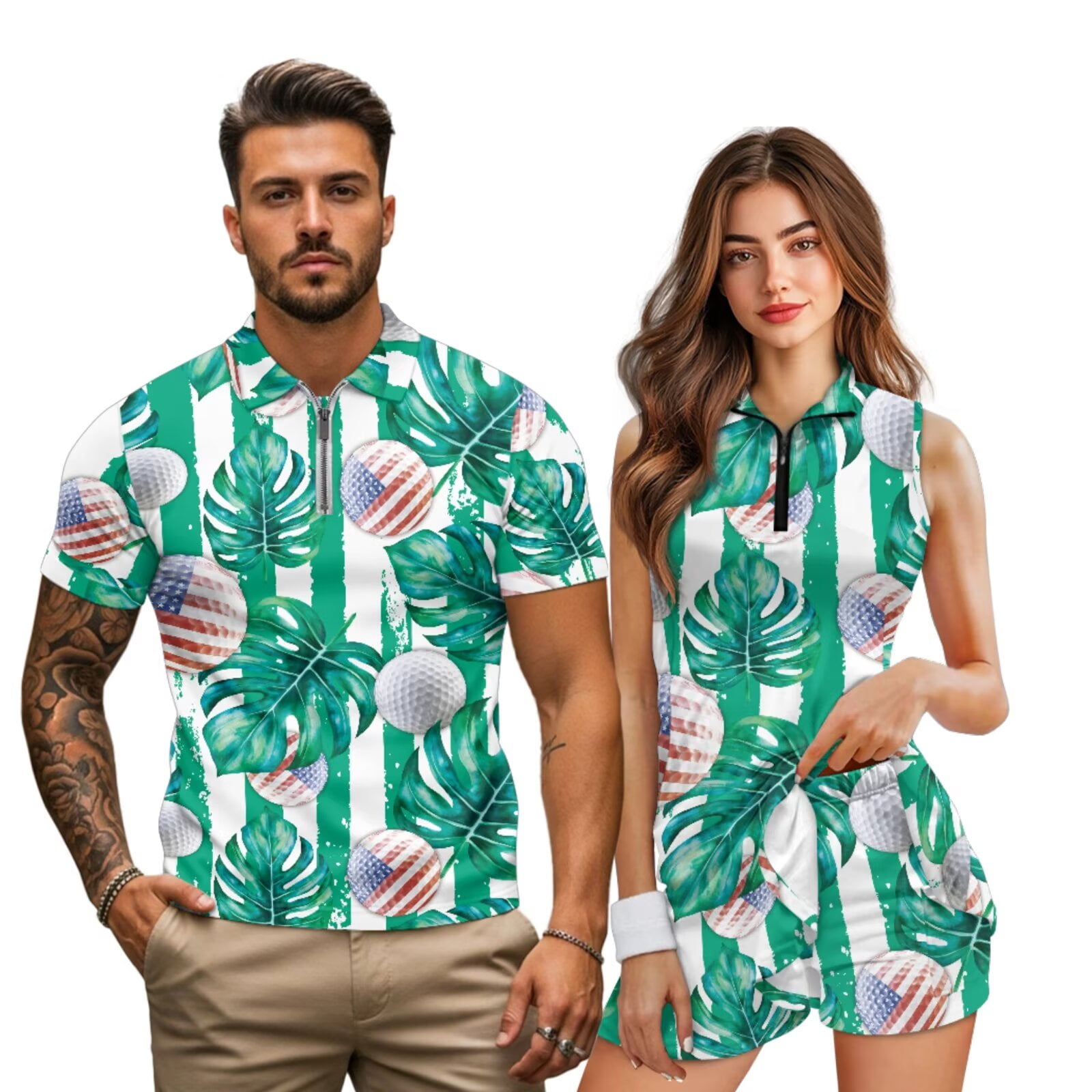 Jeiento Tropical US Flag Golf Ball Couple Matching Outfit Men's Quick ...