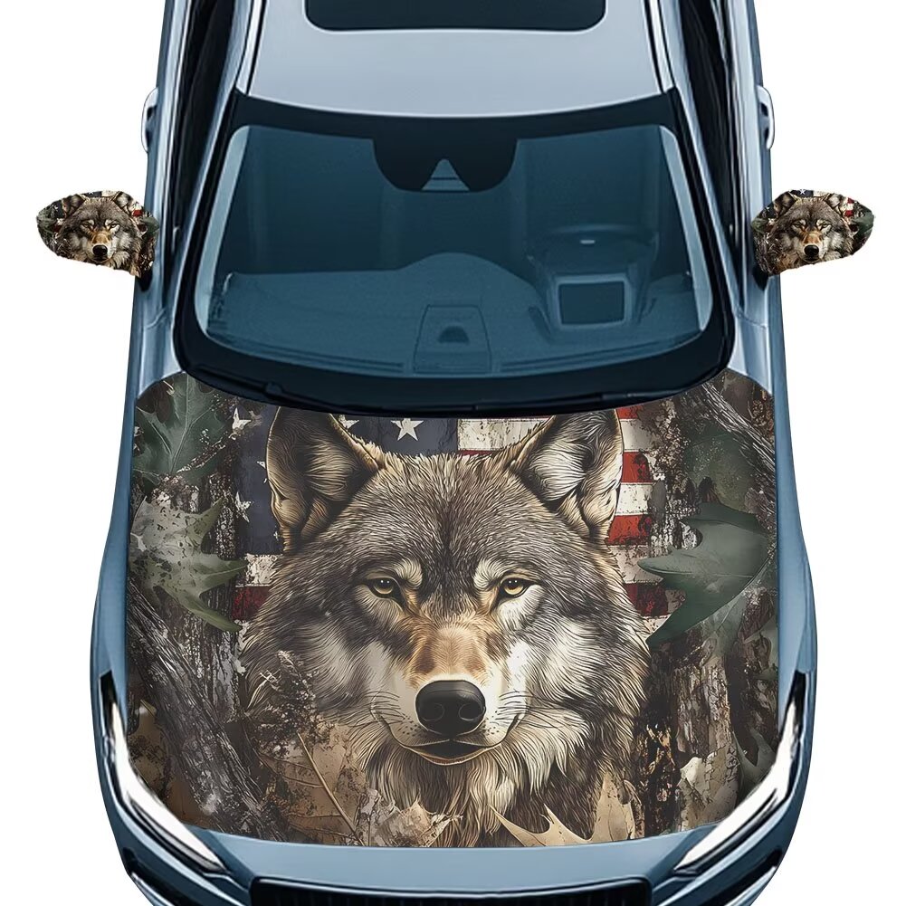 Jeiento Wolf U.S. Flag Car Hood Cover with Mirror Covers Set of 3 Anti ...