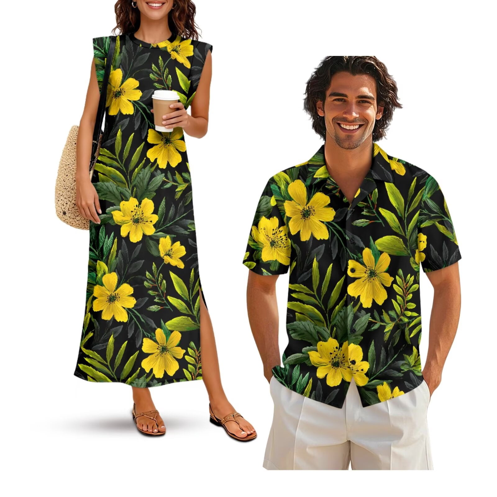 Jeiento Yellow Flower Couples Outfits Matching Hawaiian Sets His and ...