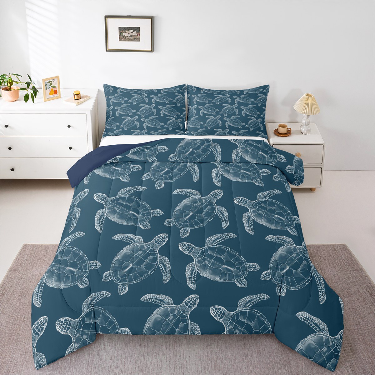 jejeloiu Ocean Sea Animal Bed Sheets,Sealife Turtle King Sheets,White ...