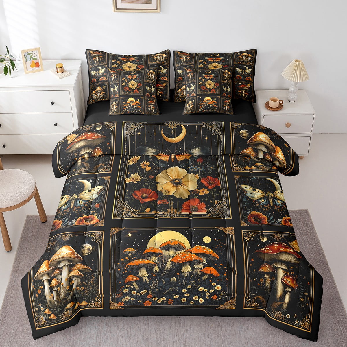 Jejeloiu Retro Mushroom Bedding Comforter Set,7 Pieces,Boho Flower ...