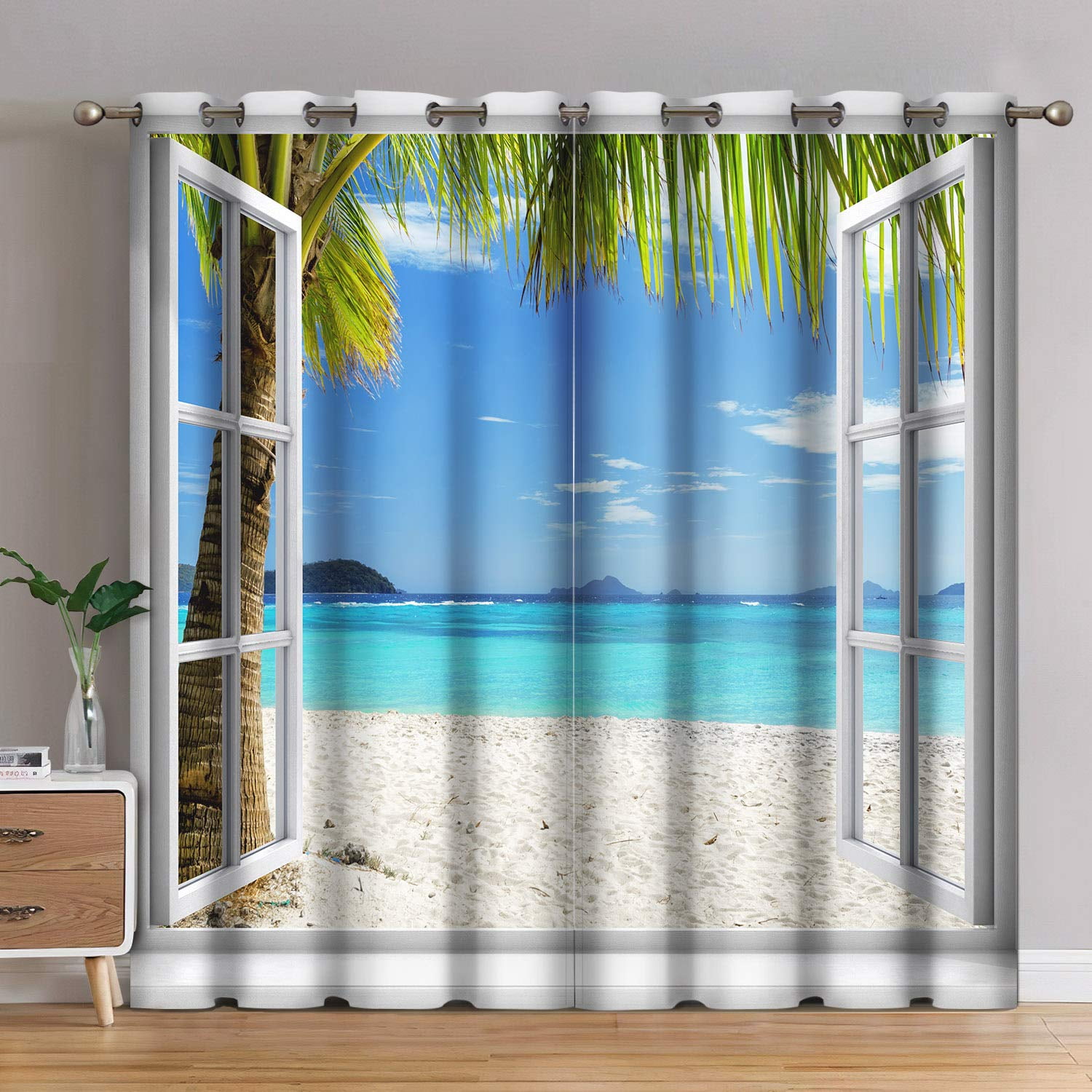 Jekeno Grommet Window Curtains,Ocean Beach Theme Blackout Drapes ...