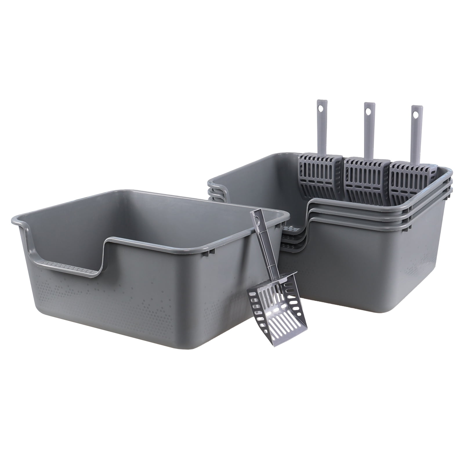 Jekiyo 4 Pack Open Top Plastic Cat Litter Boxes, Gray High Sides Litter ...