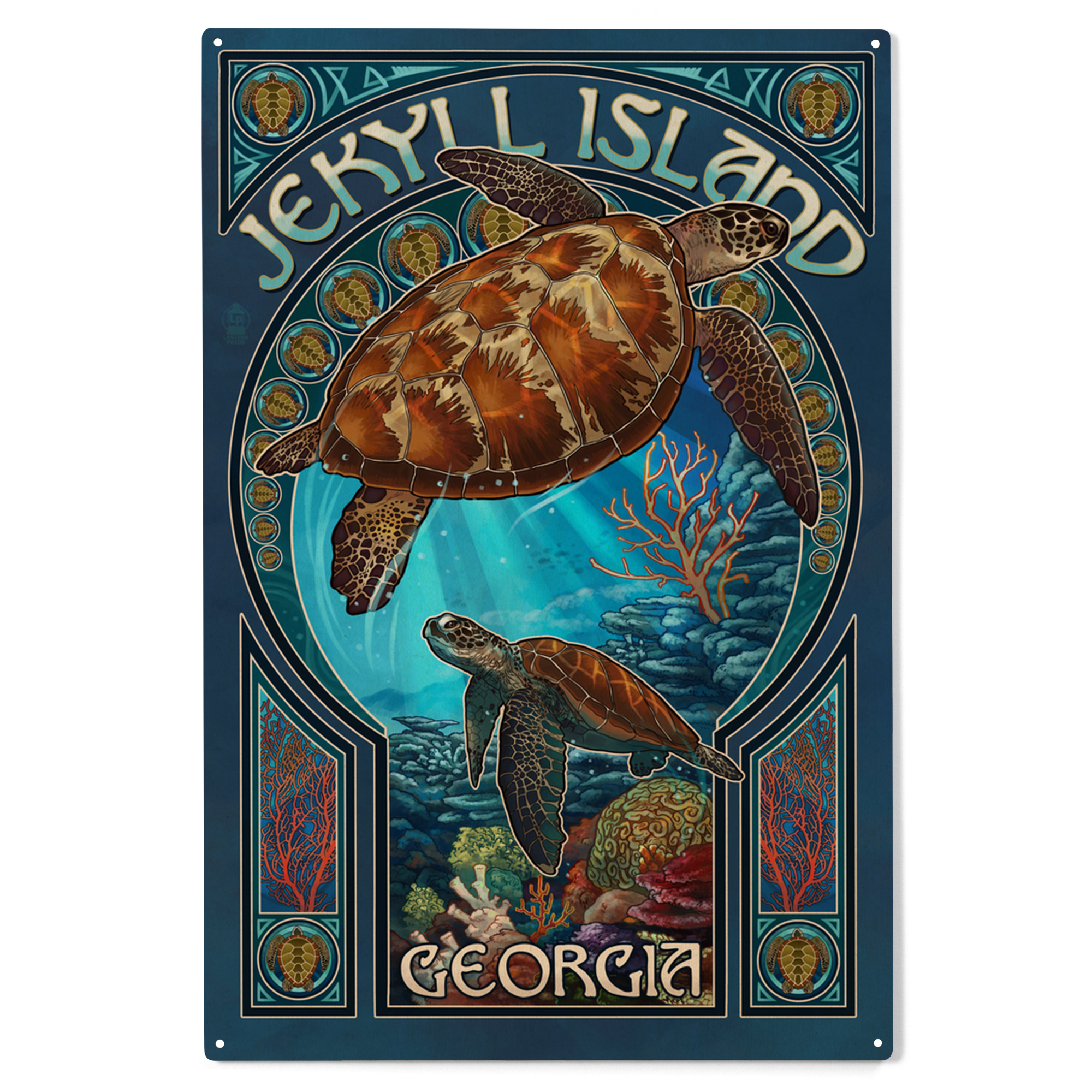 Jekyll Island, Georgia, Sea Turtle Art Nouveau Birch Wood Wall Sign ...