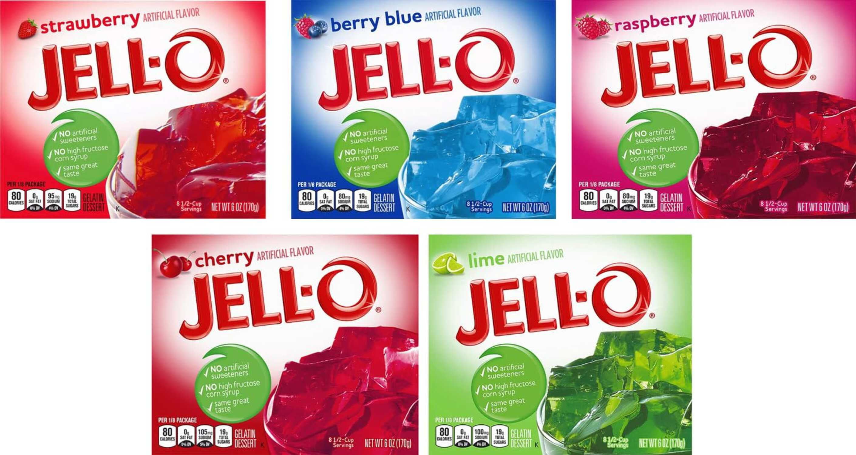 Jell-O Gelatin Variety Pack, 5 Flavors, 6 Ounce each Box, 1 Box per Flavor, Total 5 Boxes ...