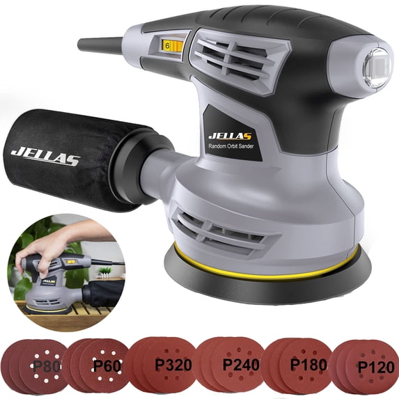 Jellas 5-Inch Random Orbital Sander, 13000RPM, 6-Speed, 2.5A with 18 ...