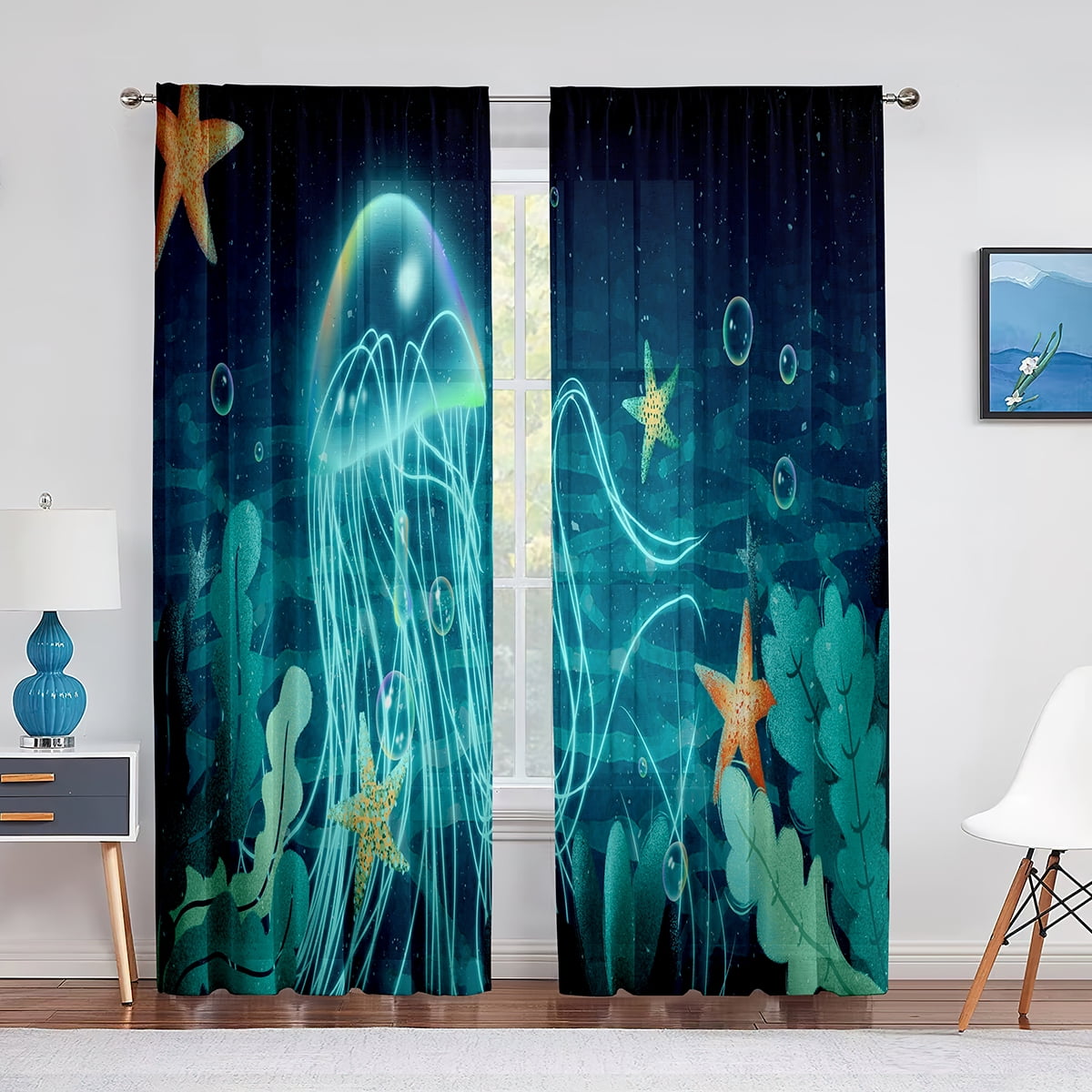 Jelly In The Deep Ocean Window Tulle Curtains Foamy Dreamy Blue Ocean ...