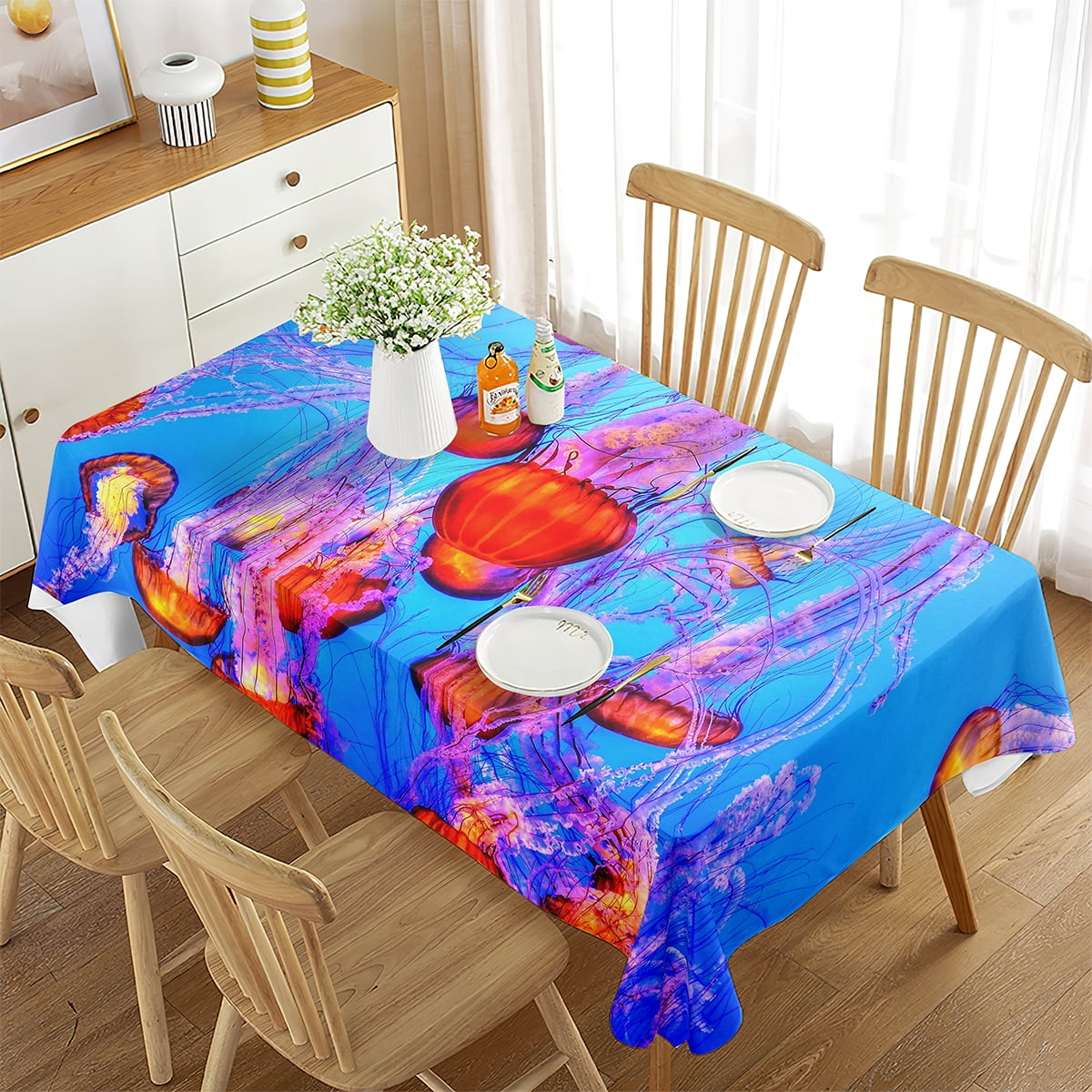Jelly Rectangular Tablecloth Marine Life Pink Art Theme Home r for ...
