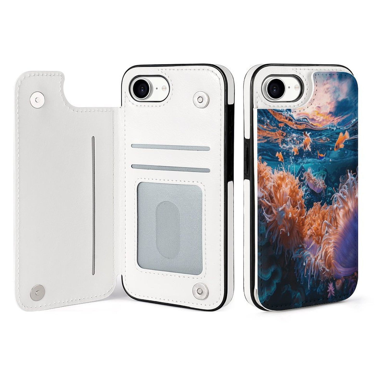 Jellyfish And Small Goldfish in The Sea Leather Wallet Case for iPhone ...