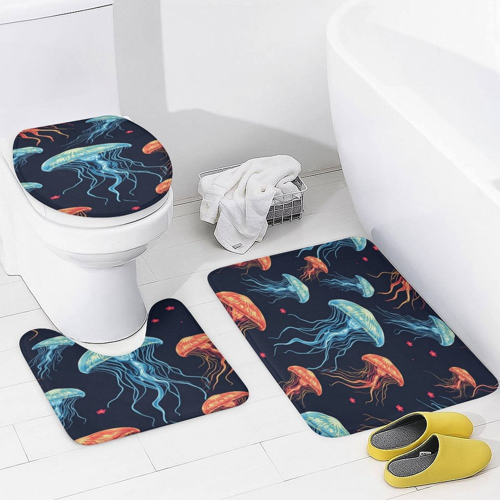 Jellyfish Bathroom Rugs Set 3 Piece with Non-Slip Bath Rugs Toilet Lid ...